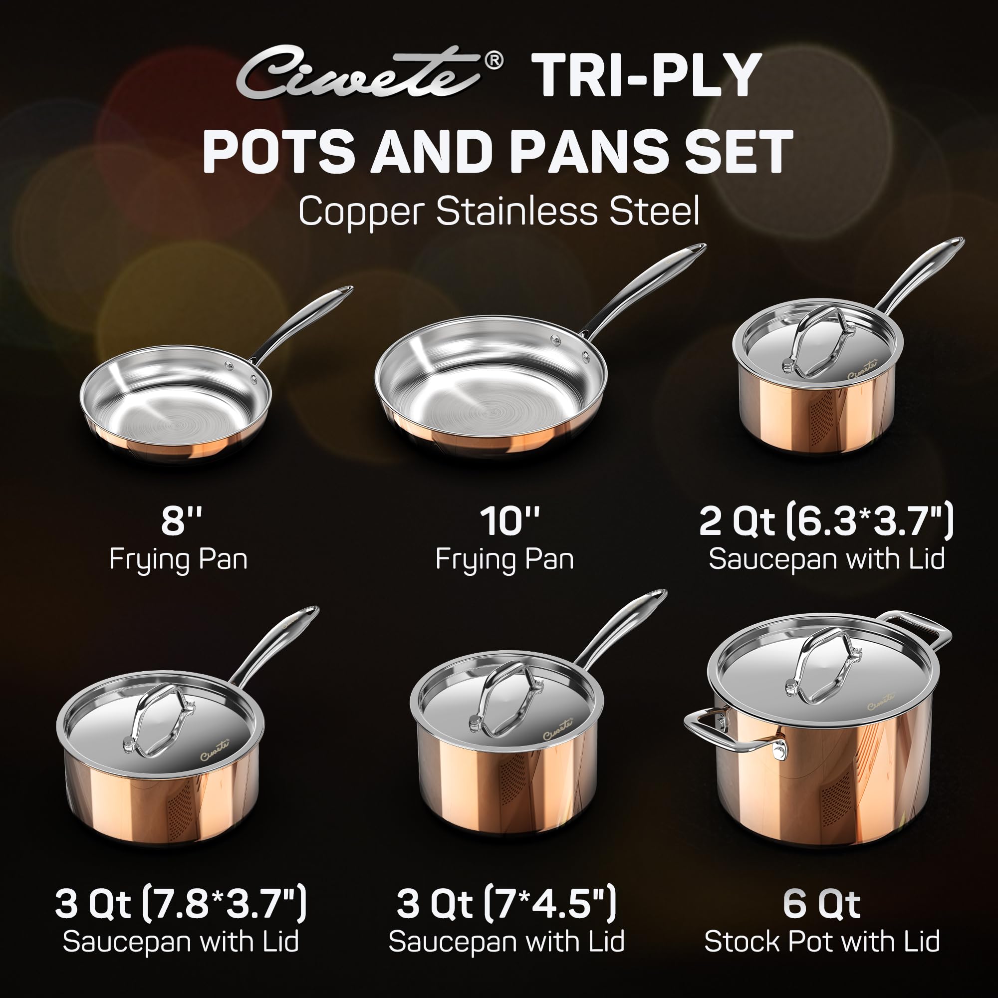 Ciwete Whole Tri-ply 18/10 Stainless Steel Pot and Pan Set (10 Piece), Copper Pots and Pans Set with Stainless Steel Lid, Induction Cookware Set, Include Stock Pot, Saucepan, Frying Pan - Copper