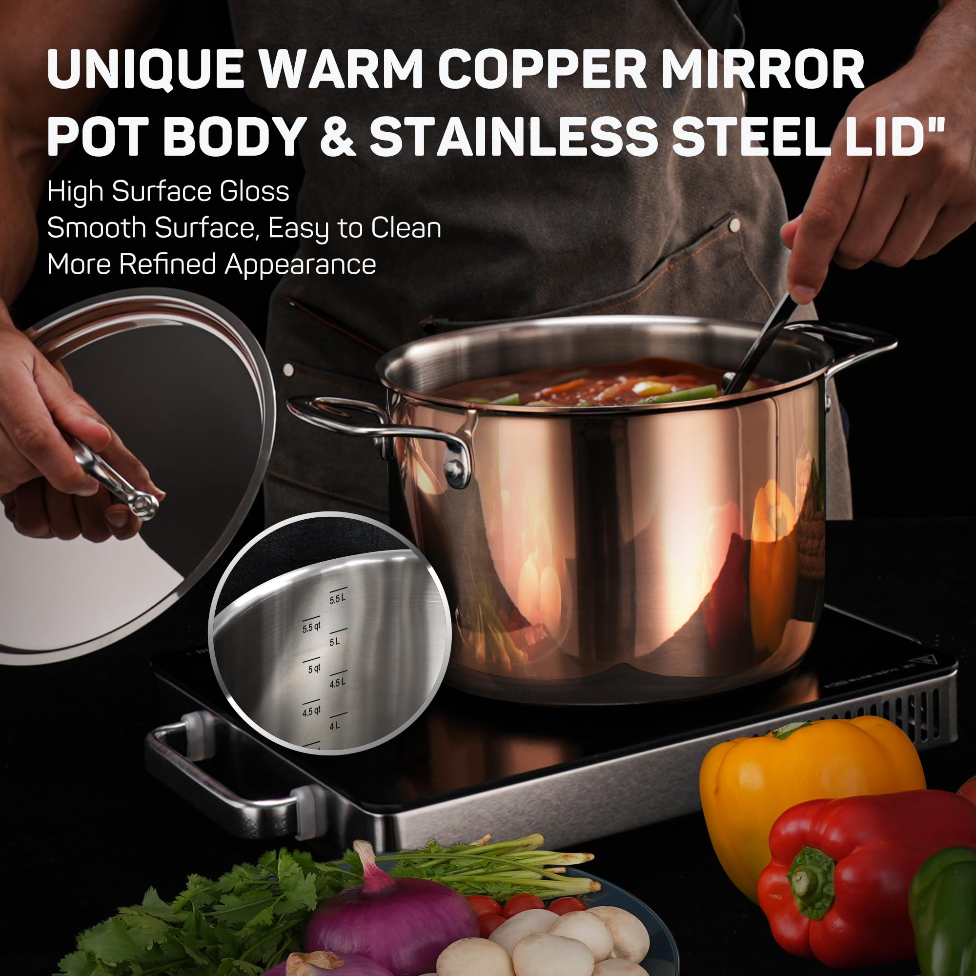 Ciwete Whole Tri-ply 18/10 Stainless Steel Pot and Pan Set (10 Piece), Copper Pots and Pans Set with Stainless Steel Lid, Induction Cookware Set, Include Stock Pot, Saucepan, Frying Pan - Copper