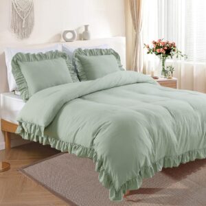 glowsol duvet cover queen size, 3 pieces (90x90 inch 1 duvet cover, 2 pillowcases) soft washed microfiber duvet cover set shabby chic home bedding duvet covers with button closure, green