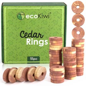 ecokiwi cedar blocks for clothes storage - 55 pack cedar rings - 100% natural aromatic cedar for closets & drawers - red cedarwood oil scented chips with sandpaper - cedar planks freshener deodorizer