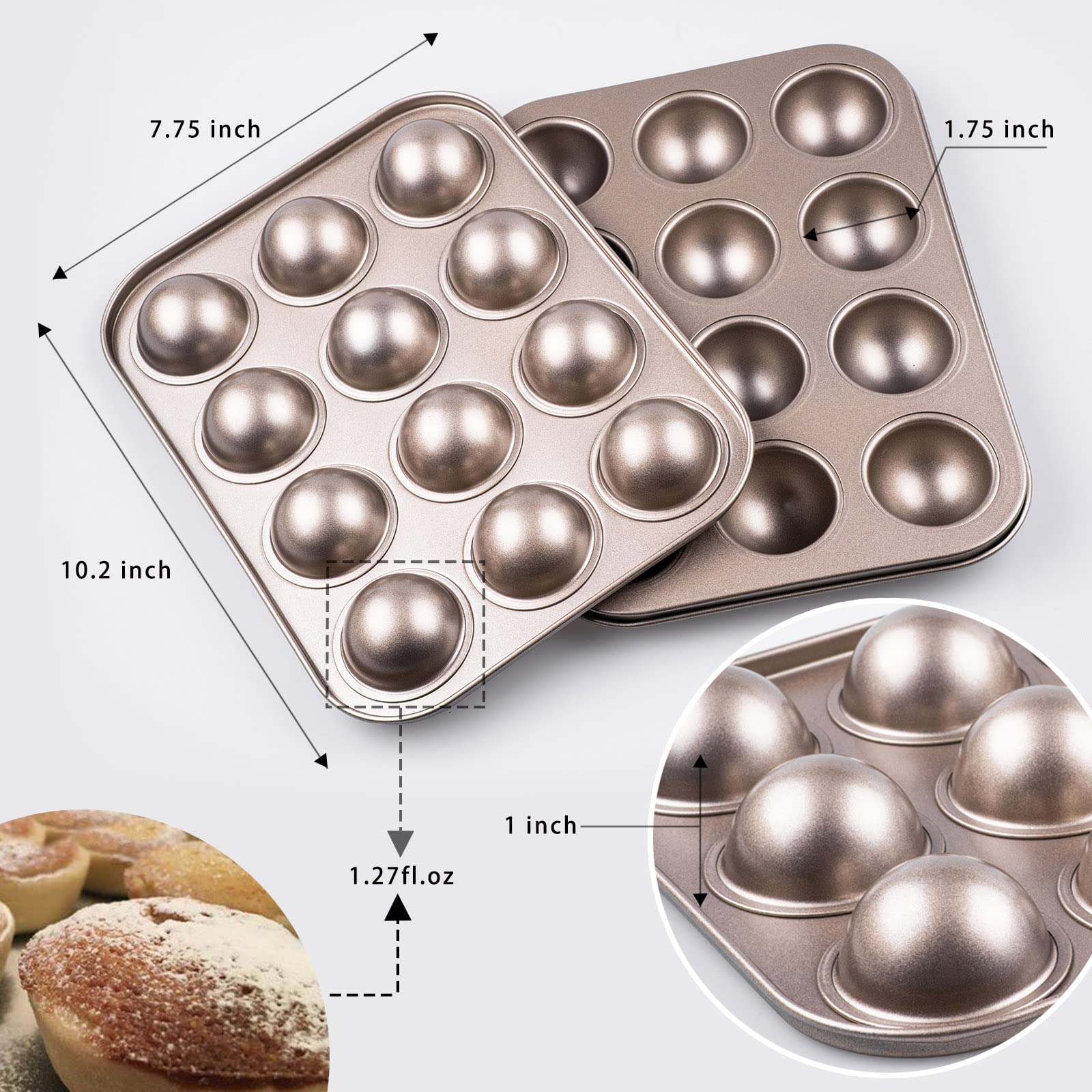 Yomvzake Donut Hole Baking Pan Set of 2, Mini Cake Pop Round Sphere Baking Mold Semi Sphere Tray Non-stick 1-3/4" Bite Size Half Ball Eyeball Cakes For Halloween Christmas Baking