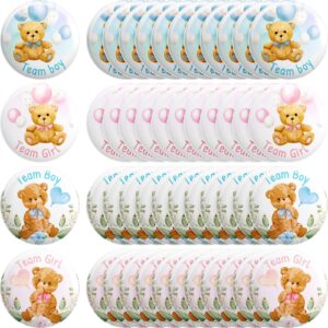 48 pieces bear gender reveal buttons team boy girl button pins bear gender reveal favors in pink and blue for baby shower gender reveal party game supplies, 4 styles, 1.47 inch