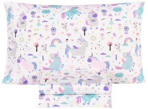 scientific sleep cute unicorn flower rainbow 100% cotton cozy twin bed sheet set, flat sheet & fitted sheet & pillowcase natural bedding set (unicorn, twin)