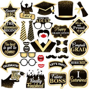 katchon, black graduation photo booth props 2024 - pack of 33 | grad photo props, black and gold graduation photo props | graduation props for photoshoot 2024, graduation decorations class of 2024