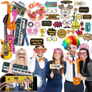 soul shift 70 pc large premium photo booth props set for all occasions - wedding props, birthday props, graduation props, inflatables, large glasses, multi-colored wig, hawaiian lei, hand pump