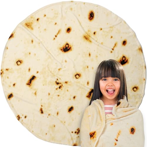 PAVILIA Burrito Tortilla Blanket, Double Sided Taco Flour Wrap Novelty Throw for Kid Boy Girl Teen, Realistic Food Blanket, Funny Gag Gift for Birthday, Beige Flour 47in