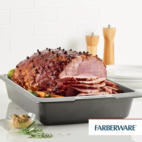 Farberware Bakeware Nonstick Roasting Pan/Roaster with U-Rack, 14.75 Inch x 10.75 Inch - Gray