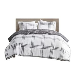 intelligent design pike reversible duvet set, cottage plaid print, modern cabin lifestyle, all season bedding cover for comforter with matching sham, full/queen white/grey 3 piece