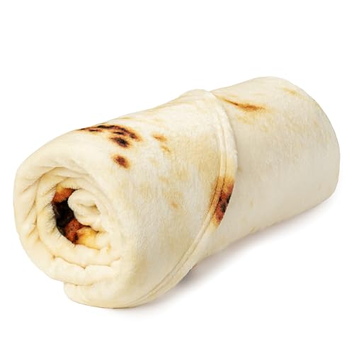 PAVILIA Burrito Tortilla Blanket, Double Sided Taco Flour Wrap Novelty Throw for Kid Boy Girl Teen, Realistic Food Blanket, Funny Gag Gift for Birthday, Beige Flour 47in