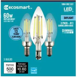 ecosmart bulbs 60-watt equivalent b11 dimmable energy star clear glass candelabra vintage edison led light bulb in daylight (3-pack)