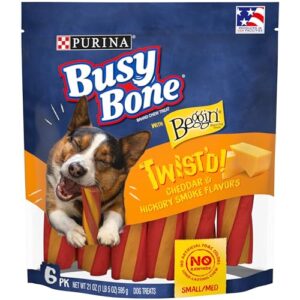 purina busy with beggin' made in usa facilities medium dog treats, twist'd cheddar and hickory smoke flavors - 21 oz. pouch