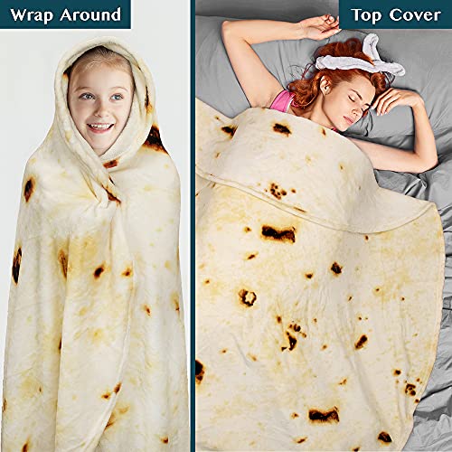 PAVILIA Burrito Tortilla Blanket, Double Sided Taco Flour Wrap Novelty Throw for Kid Boy Girl Teen, Realistic Food Blanket, Funny Gag Gift for Birthday, Beige Flour 47in