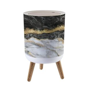 small trash can with lid abstract creative texture of marble and gold foil decorative marbling round recycle bin press top dog proof wastebasket for kitchen bathroom bedroom office 7l/1.8 gallon