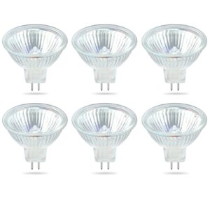 xbocmy mr16 halogen light bulbs, 6 pack 50w 12v gu5.3 bi-pin base, dimmable spotlights with glass cover for living rooms, landscape, track lights, desk lamps, fiber optics