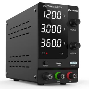 ikococater dc power supply variable 120v 3a with output switch, adjustable regulated switching bench power supply with 4-digits led power display, 5v/2a usb interface, accurate encoder adjustment knob