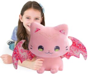 elainren crazy cat plush kitten toy with bat wings, cute kitty stuffed animal floral cat plushie soft hugging pillow decor furry purple bat cat dolls gifts for xmas,11.8''(pink/purple)