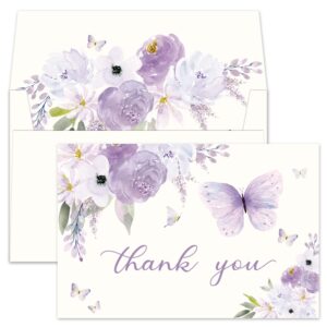 gooji 4x6 purple floral thank you cards with envelopes 20 pack matching peel-and-seal envelopes, assorted bulk watercolor, birthday, baby shower, weddings, blank business stationary