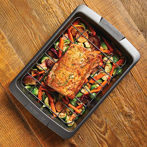 Farberware Bakeware Nonstick Roasting Pan/Roaster with U-Rack, 14.75 Inch x 10.75 Inch - Gray