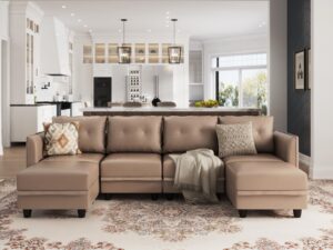 llappuil modular sectional sofa, convertible u shaped couch with storage, faux leather fabric waterproof sectional couch for living room, 111.8" width, 6 seat modular sofa, cognac brown