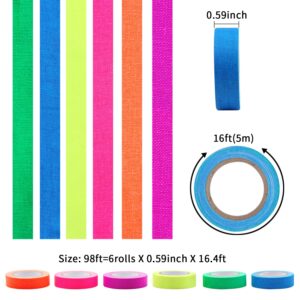 Tonsiv Adhesive Black Light Tape Sets, 6 Colors Neon Gaffer Cloth Tape, Fluorescent UV Blacklight Glow in The Dark Tape for UV Party (0.6 inch x 16.5 feet)