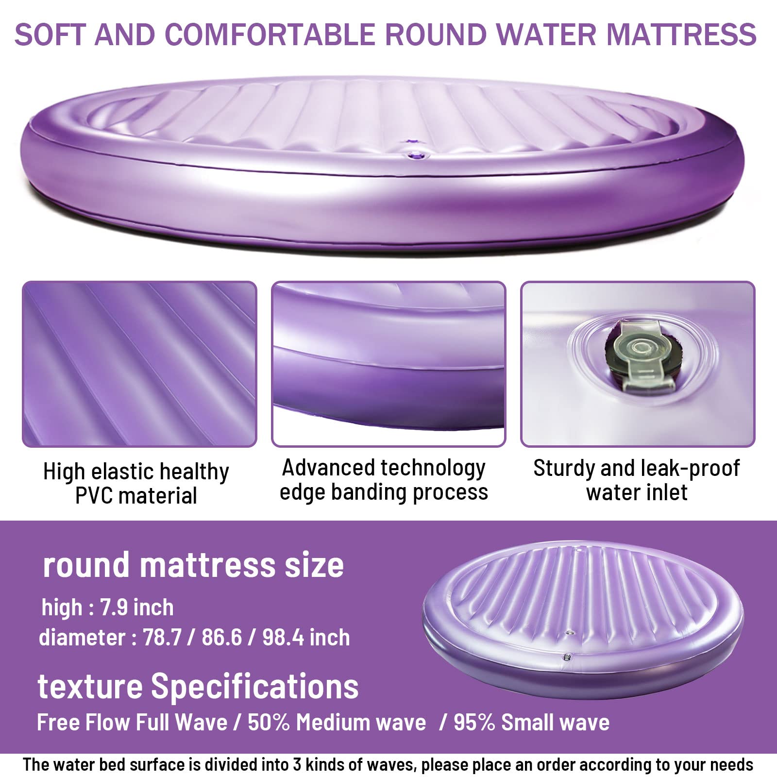 Round Waterbed Mattress - Soft & Comfortable Softside Waterbed Mattress Strong Bearing Waterbed Insert Mattress Suitable for Elderly,Adults,Children (78.7inch, Free Flow Full Wave)