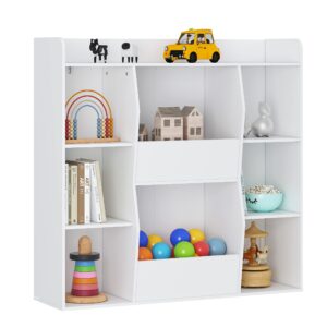 utex kids toy storage and bookshelf, multifunctional bookcase with 8 cubbies and bins, open kids bookshelf organizer display stand, large toy storage cabinet for kids room, classroom, nursery, white