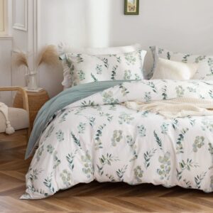 mildly leaf duvet cover sage green - 100% washed cotton eucalyptus printed linen feel bedding set with zipper closure 4 ties king size