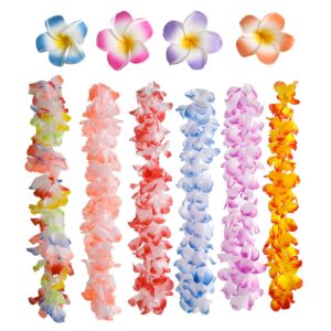 10 counts hawaiian leis set luau party decorations tropical party favors lei hawaiian flower hair clip and elastic wristbands flowers leis perfect for hawaiian luaus party birthday party favors.