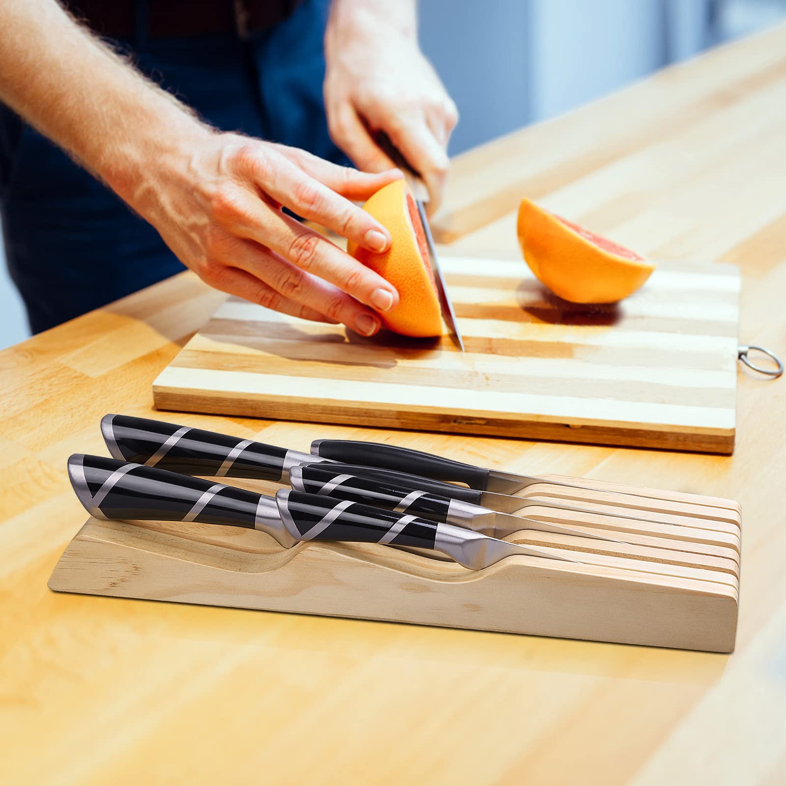 RedCall Kitchen Knife Holder for Drawer Solid Wood Universal Knife Block Without Knives,Bamboo home & chef Knife in-Drawer Organizer Insert,Premium Under Cabinet Knife Storage (7 knife holder)