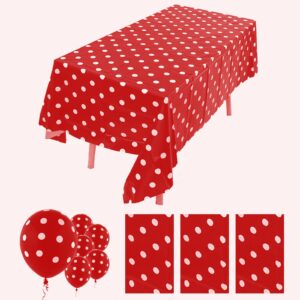 zjdhpty 3pack plastic table cloth disposable for rectangle tables, red polka dot table cloths for birthday christmas and mickey mouse theme party decorations size 54x108 inch (red+white dots)