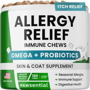 pawsential allergy relief dog chews - itchy skin relief w/probiotics + omega 3 + colostrum - seasonal allergies - anti-itch treats - skin&coat + immune supplement - made in usa - chicken flavor -120ct