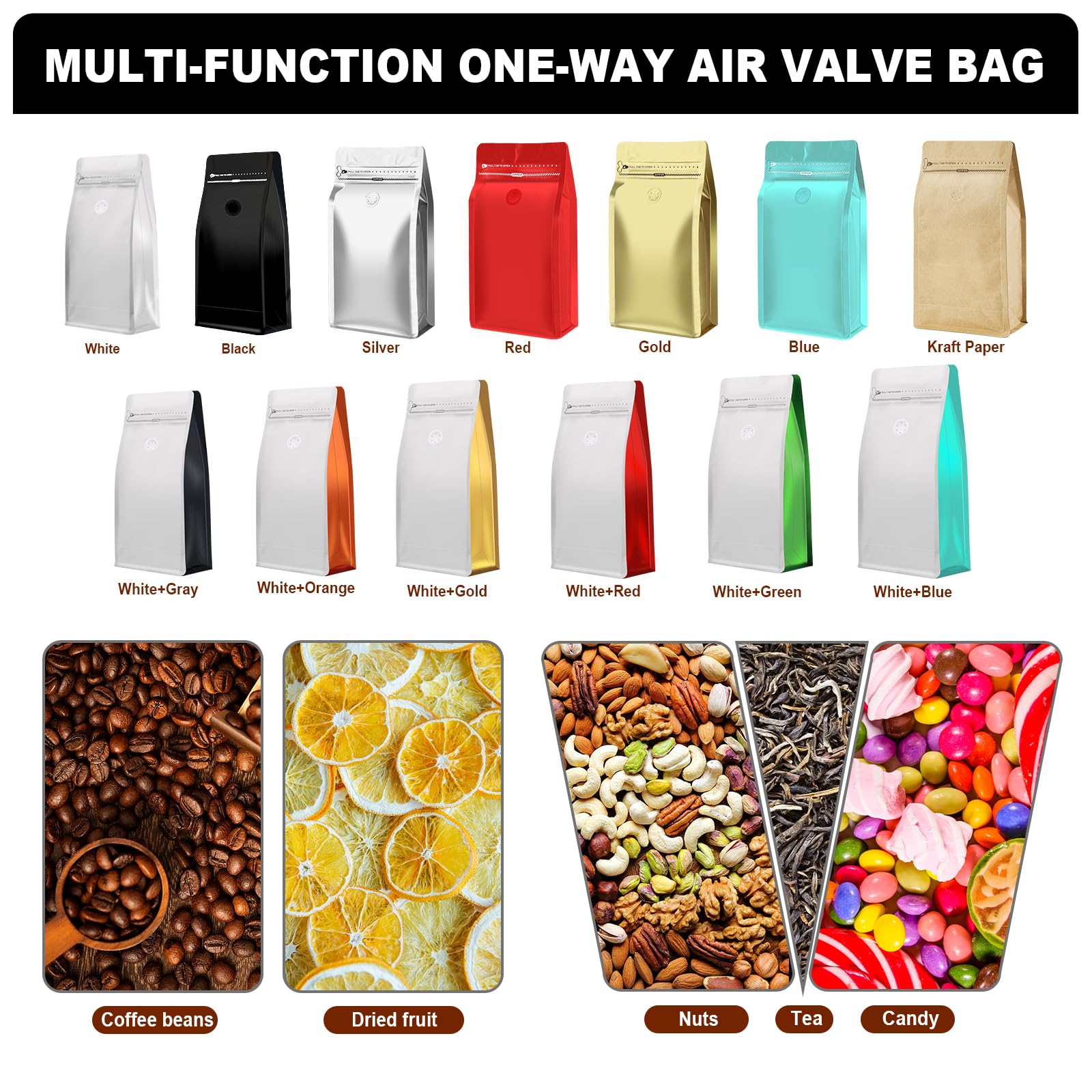 8oz 1/2 lb 60pcs Coffee Bags with Valve,Coffee Packing Bags Vented Coffee Bean Bags Barrier Bags Store Bags for Coffee Packaging， Coffee Storage Pouches Coffee Bag Zipper with Seal（Black）