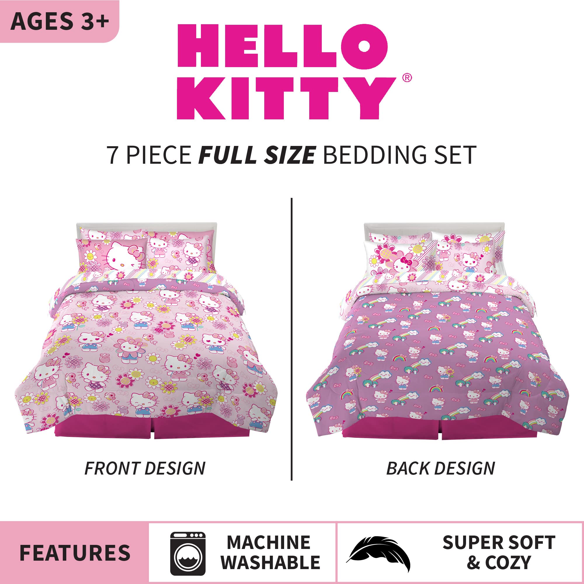 Franco Kids Bedding Super Soft Comforter and Sheet Set with Sham, 7 Piece Full Size, Hello Kitty