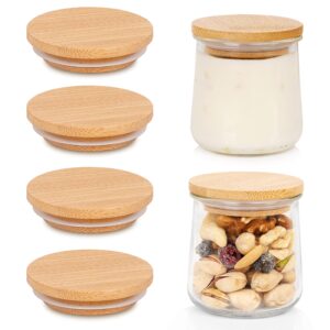 oui yogurt jar lids, oui yogurt bamboo jar lids set, wooden lids for oui yogurt jars, oui yogurt jars lids with silicone sealing rings, cookie glass storage lids, for 5 oz oui yogurt jars - 4 pack