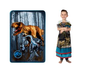 jurassic world dominion blue velociraptor and rexy t-rex super soft plush micro raschel blanket, 46 inches x 60 inches, bedding by franco kids