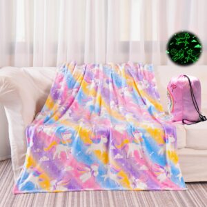 yjlmly glow in the dark unicorn blanket, unicorn gifts toys for girls, soft pink girls blanket for 2 3 4 5 6 7 8 9 10 year old girl birthday christmas valentine gifts ideas, 50''x60''