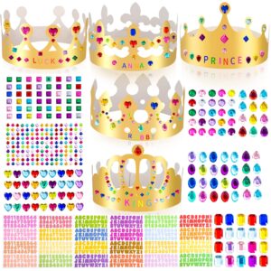 mgztthw gold paper crown set for kids, diy crown kit with jewels gem number letter stickers for birthday party decor and craft projects, 15 pcs adjustable crown hats in 5 styles