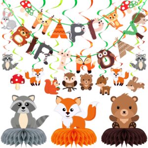 29 pcs woodland party supplies animal honeycomb centerpieces baby shower birthday decorations include happy birthday banners hanging cards swirl ceiling streamers for forest camping party supplies