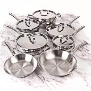 berghoff belly shape 18/10 stainless steel 12pc cookware set, metal lids, fast, evenly heat, induction cooktop ready