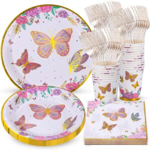 atonofun butterfly birthday party supplies, butterfly party plates, cups, napkins and cutlery, butterfly party decorations for baby shower, birthday, butterfly fairy themed parties serves 24