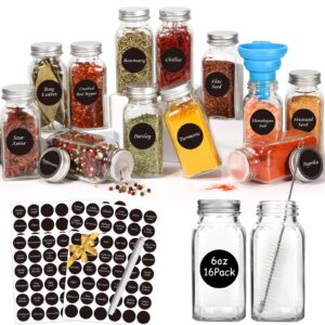 aurotrends spice jars with labels 6oz 16pack, glass spice jars with shaker lids complete set-6oz seasoning containers with 180 waterproof spice labels |chalk marker |straw brush |funnel