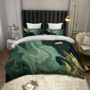 toptree green marble duvet cover king - soft emerald green bedding set with gold powder print pattern 3piece forest green marble bed set for women adults (king, agate ripple)