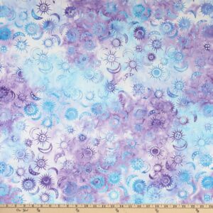 maywood studio dusk to dawn batiks suns and moons tossed fabric, blue/purple