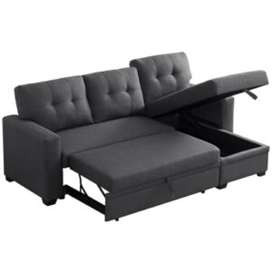 pemberly row l-shaped transitional polyester fabric reversible, easy convertible pull-out sleeper sectional sofa/storage chaise with tufted back cushions and track arms in dark gray