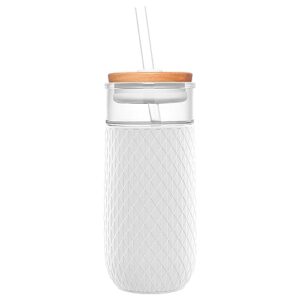 ello devon 18oz glass tumbler with straw, friction fit bamboo wood lid and silicone sleeve | perfect for iced coffee, tea, and smoothies | white