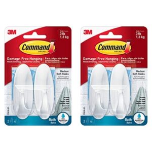 command medium designer bath hooks, white, 2-hooks, 4-water-resistant strips, organize damage-free (pack of 2)