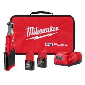 milwaukee m12 fuel 12-volt lithium-ion brushless cordless high speed 3/8 in. ratchet kit w/(2) batteries, charger and bag