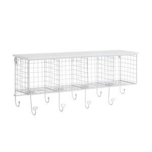 linon four cubby metal wall shelf with top shelf and 9 hooks in white