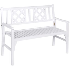 outsunny 4ft wooden outdoor garden bench for 2, portable folding loveseat 2-seater chair with backrest, armrests and slat seat, white