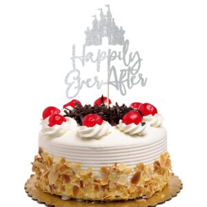 happily ever after with castle cake topper cinderella castle wedding cake decoor engagement bridal shower party decorations silver glitter